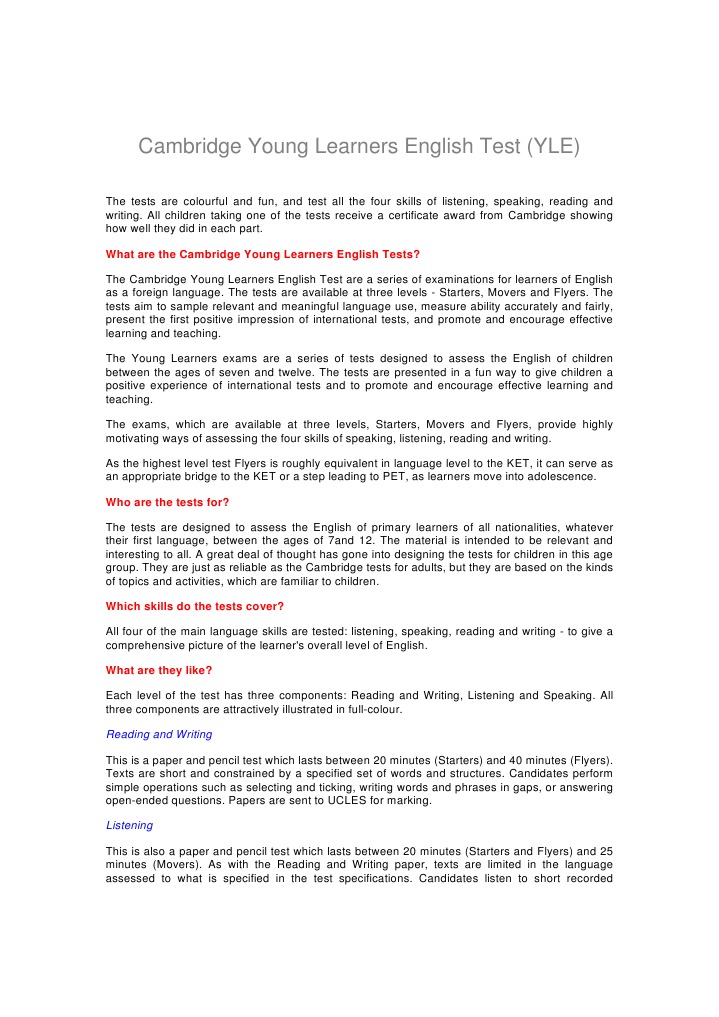 Cambridge Young Learners English Test (YLE) | PDF | Test (Assessment ...
