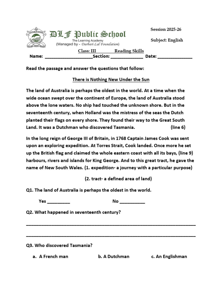 English Reading Skills for Class III | PDF