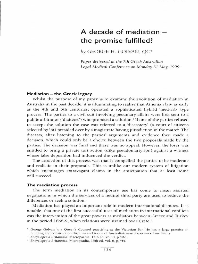 A Decade of Mediation by George H. Golvan | PDF | Mediation | Lawsuit