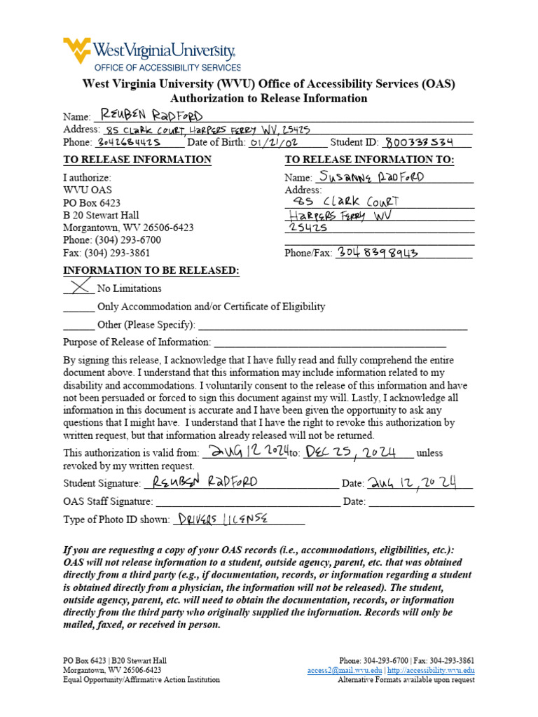 Completed OAS Release Form | PDF