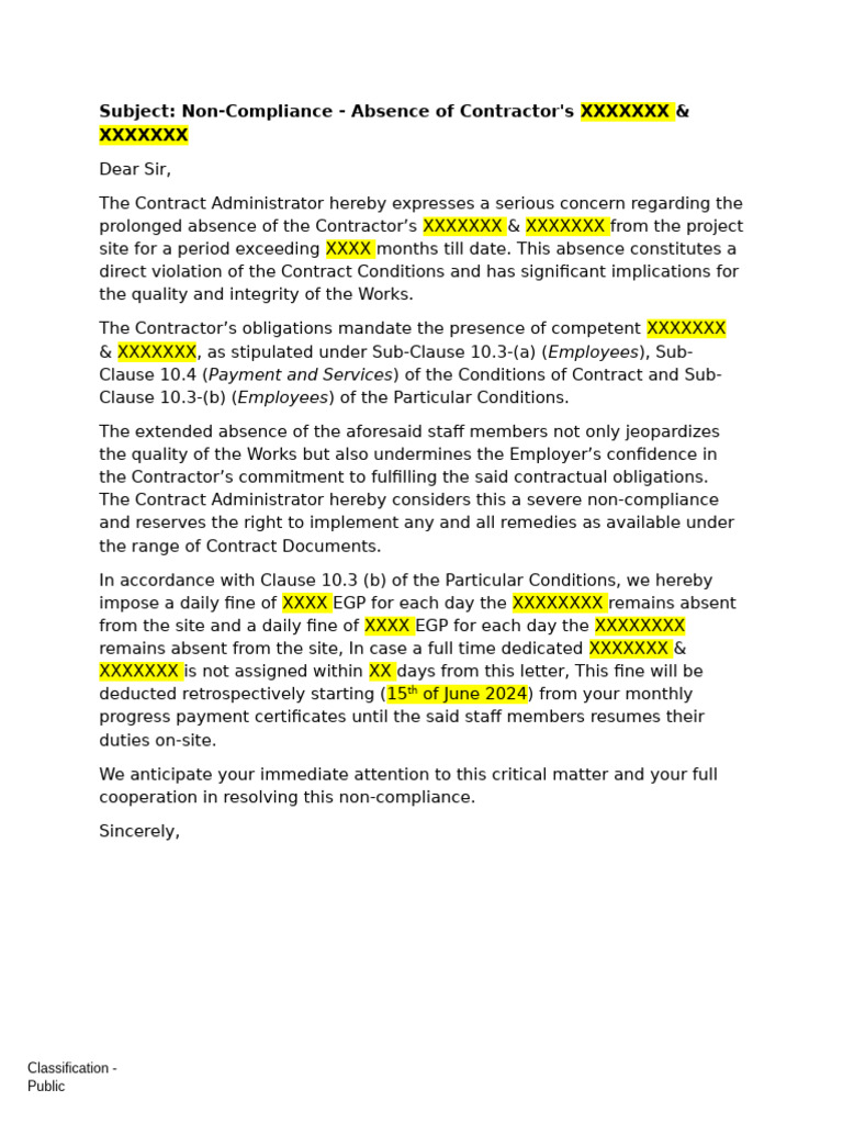 Contractor Non-Compliance Warning Letter | PDF