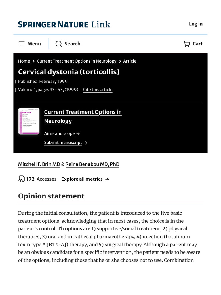 Cervical dystonia (torticollis) Current Treatment Options in Neurology ...