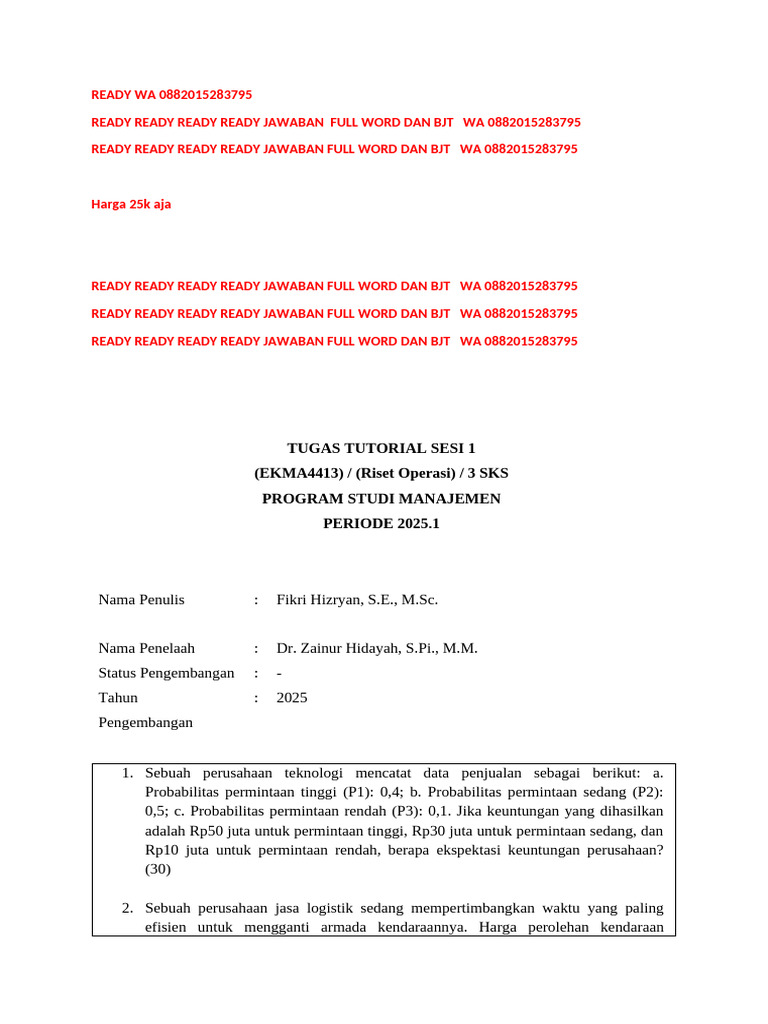 Jawaban Tugas 1 Ekma4413 Riset Operasi Ready Wa 0882015283795 | PDF