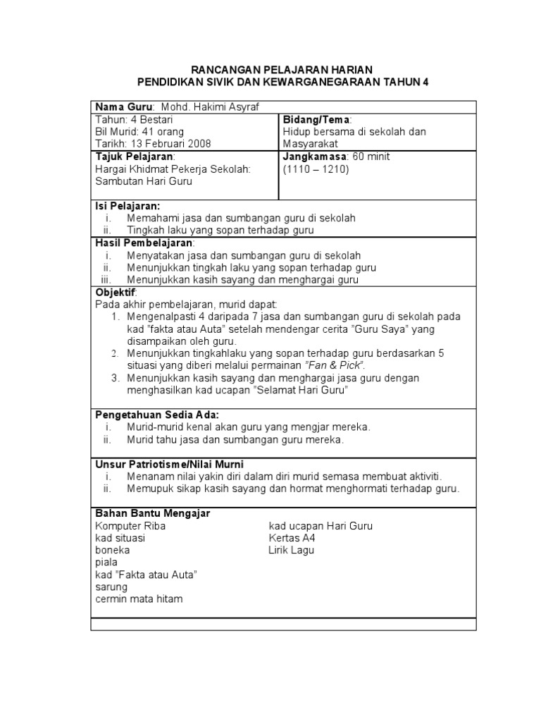 Contoh RPH PSK Lengkap | PDF