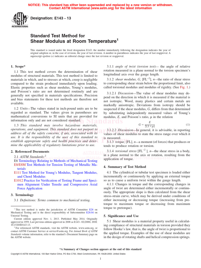 ASTM E143 Shear Modulus Test Method | PDF | Young's Modulus | Stress ...