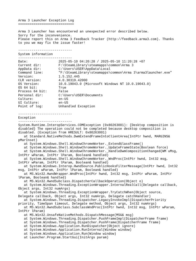 Arma3Launcher Exception 20250510T042028 | PDF | Shell (Computing ...
