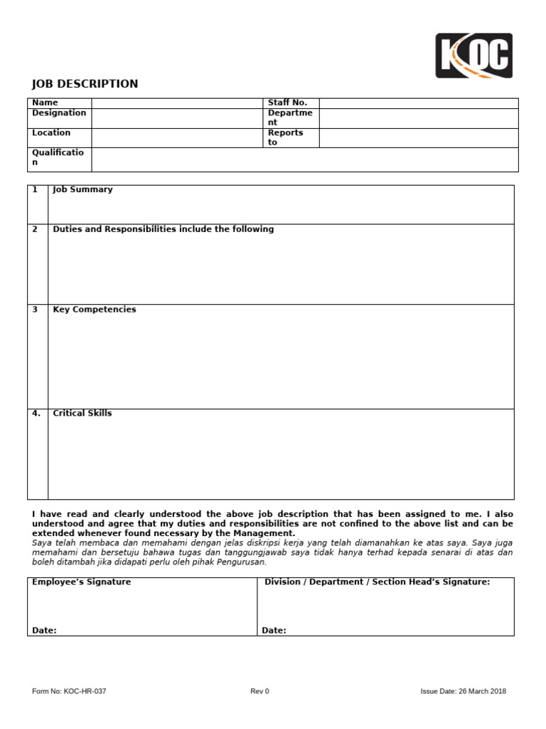KOC-HR-037 (Job Description) Rev0 | PDF
