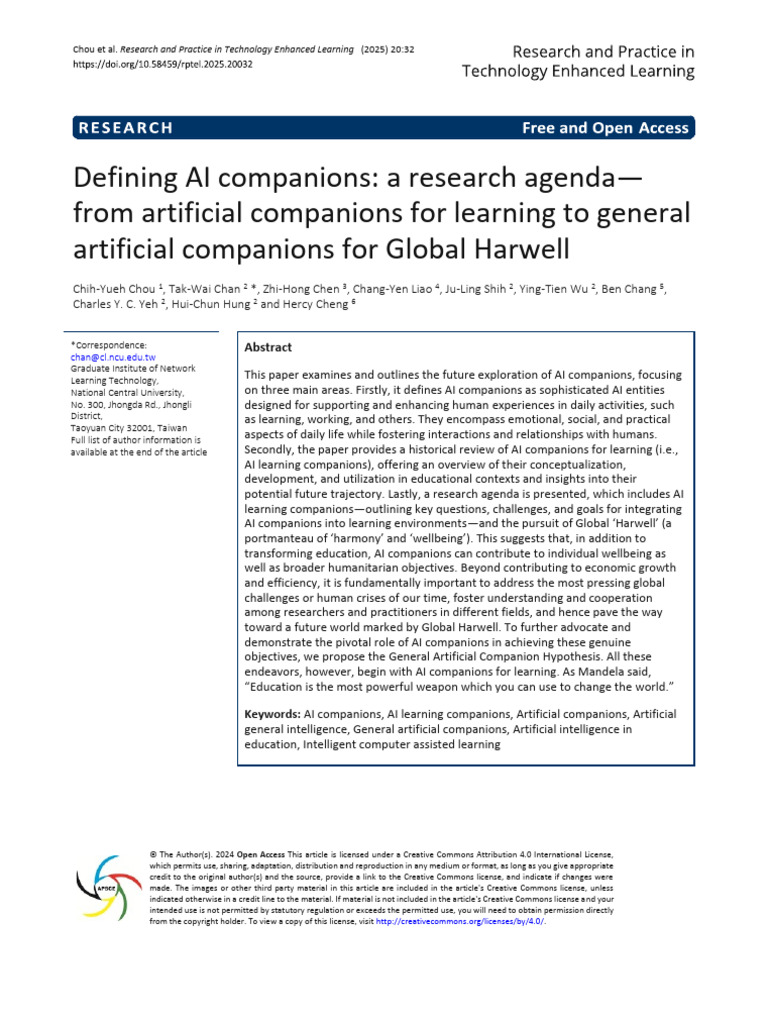 Defining AI Companions A Research Agenda-From Arti | PDF | Learning ...