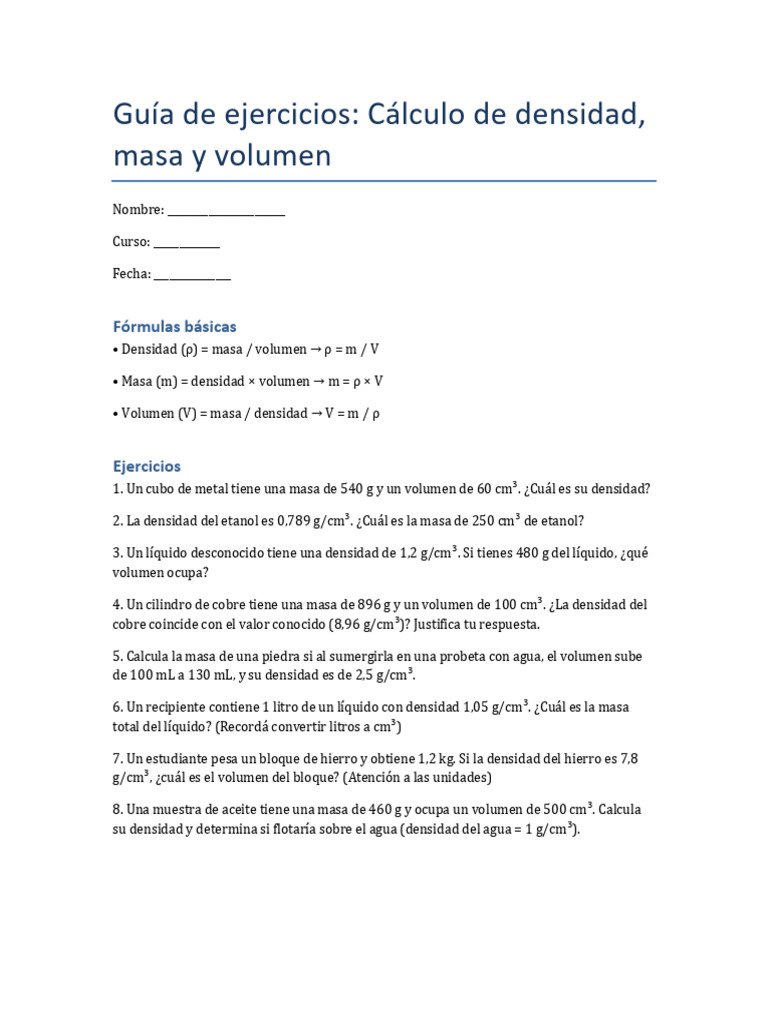 Guia_Ejercicios_Densidad_Masa_Volumen | PDF