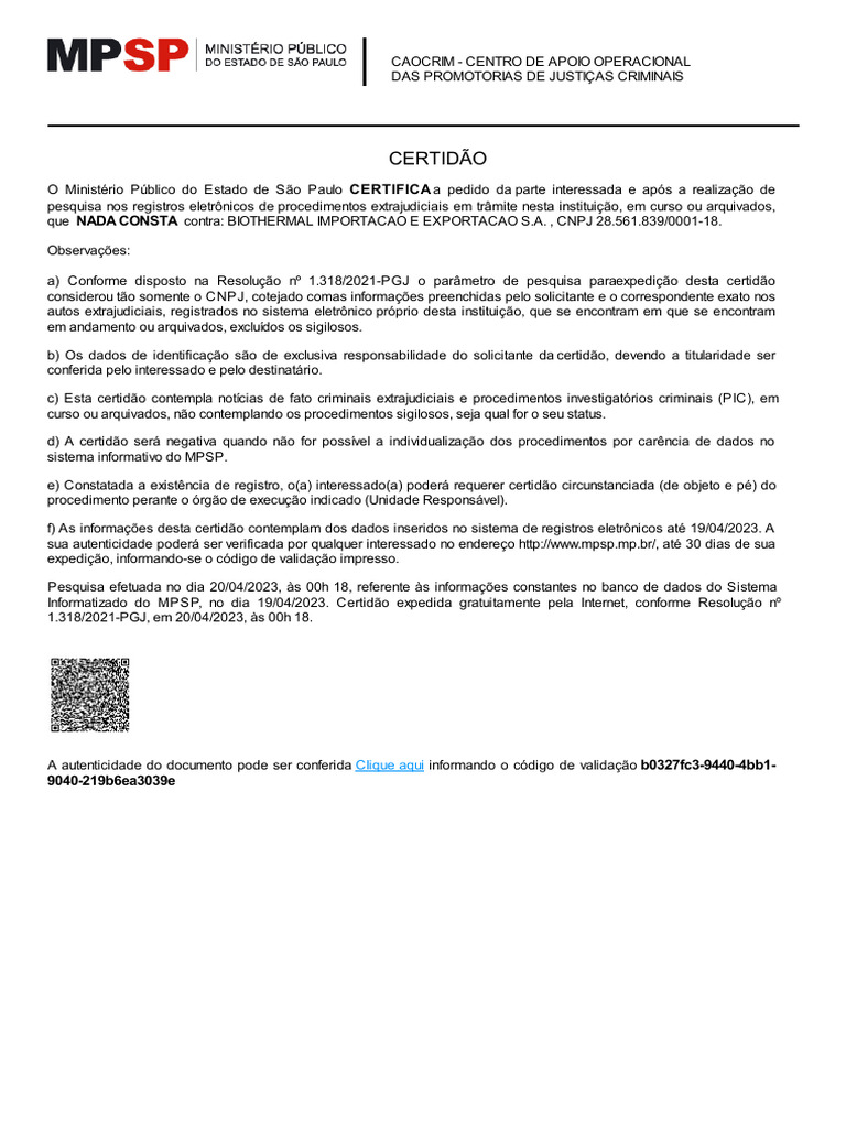 V.7 Certidao MPSP Criminal | PDF