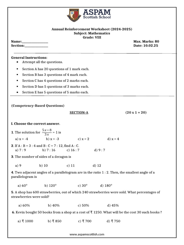 G8 Maths Corrected Annual Reinforcemen WS | PDF | Area | Mathematics
