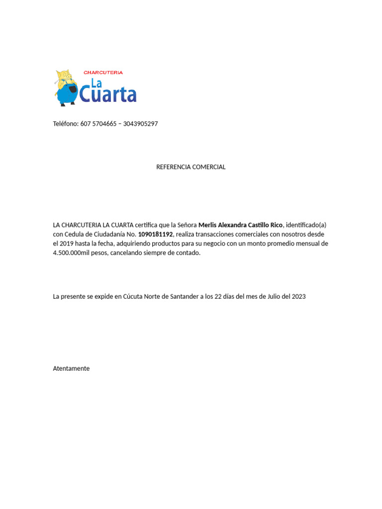 Certificación Comercial de Merlis Castillo | PDF
