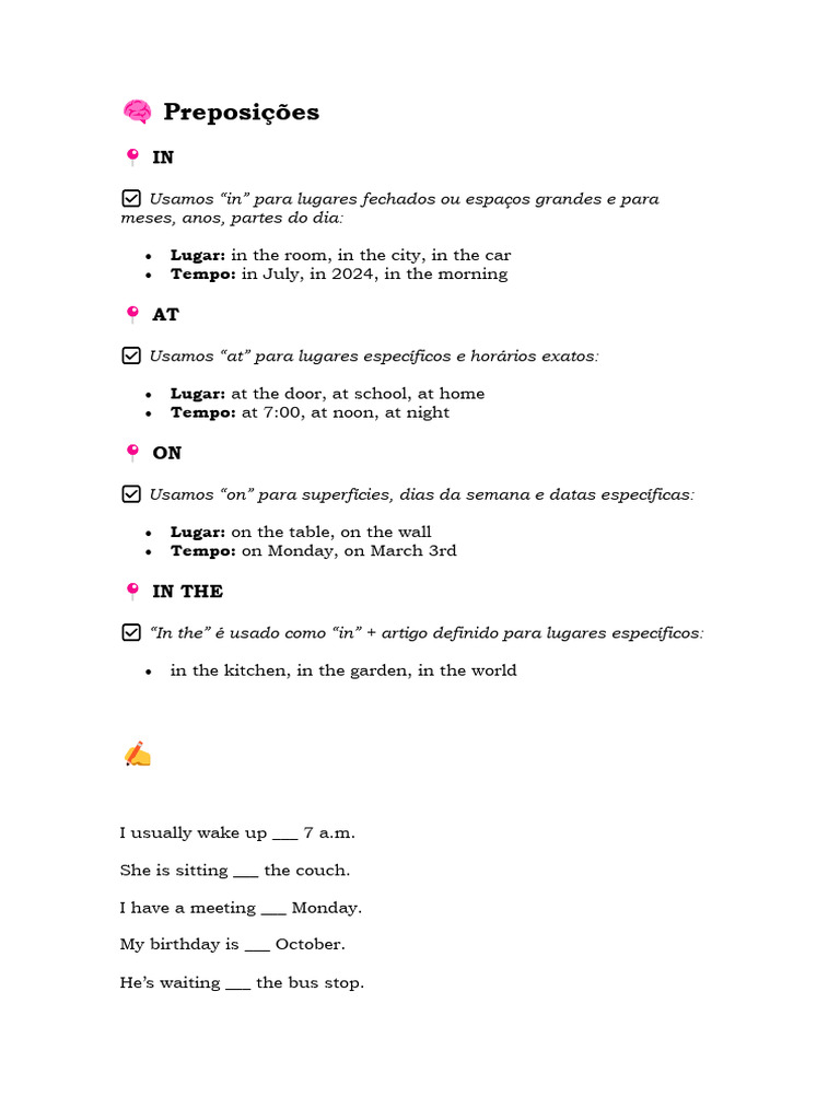 Exercícios - Preposições | PDF