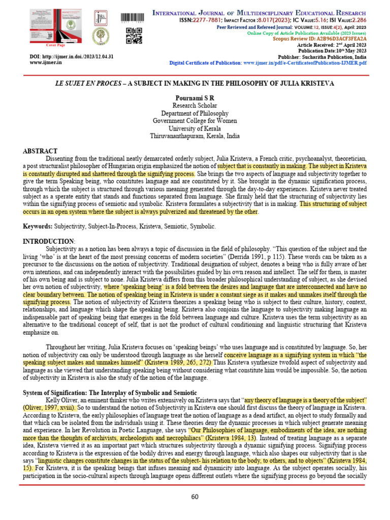 Le Sujet en Proces - A Subject in Making in The Philosophy of Julia ...