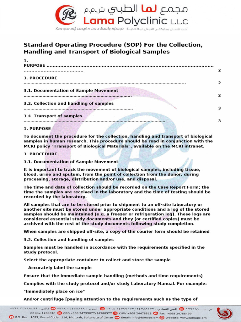 SOP For The Collection, Handling and Transport of Biological Samples | PDF