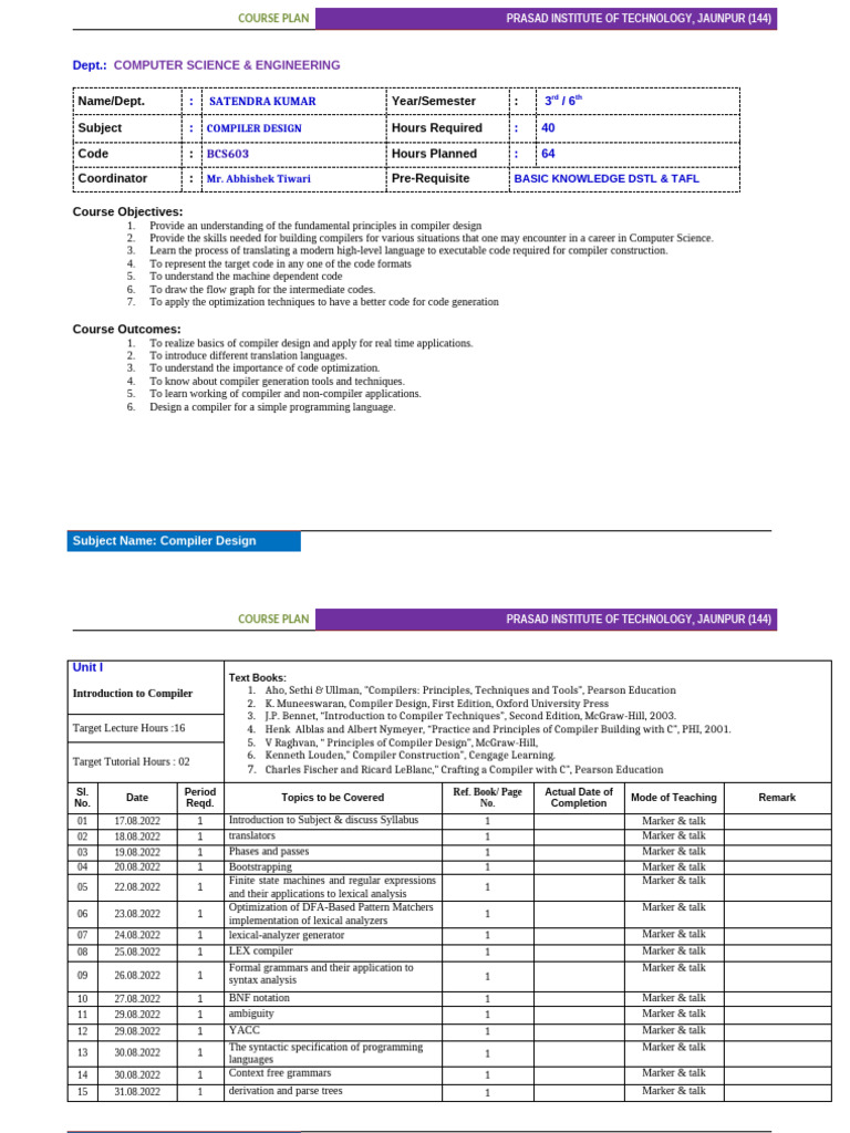 Course Plan CD | PDF | Parsing | Compiler