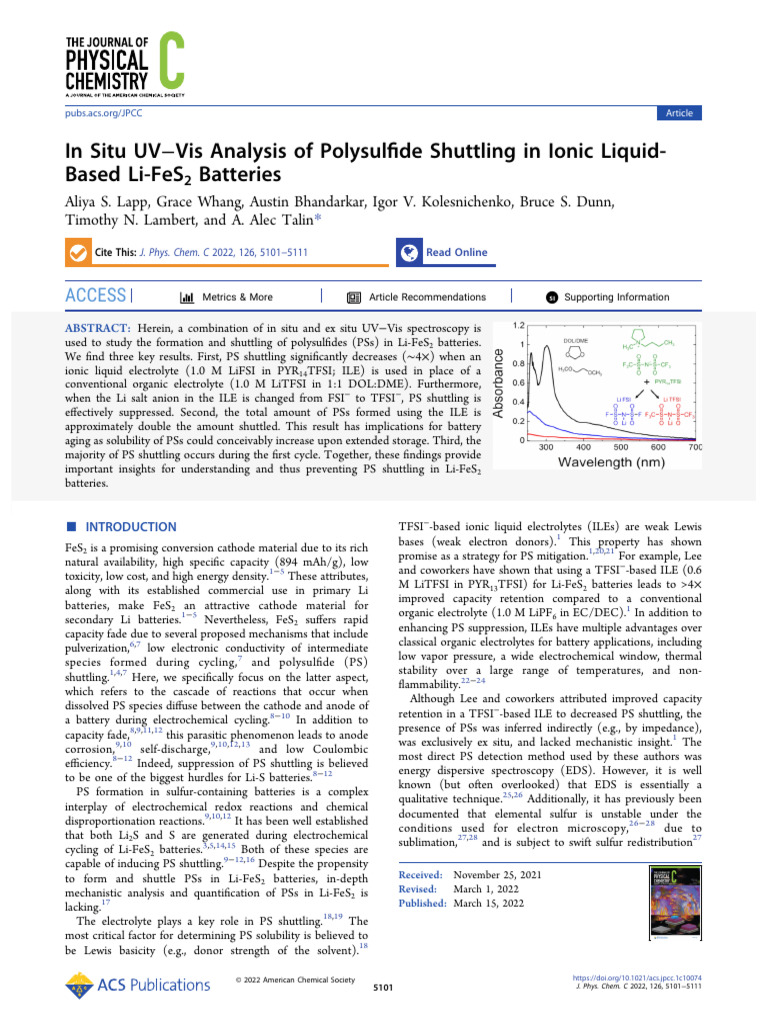 In Situ UV-Vis Analysis of Polysulfide Shuttling in Ionic Liquid-Based Li-FeS2 Batteries | PDF ...