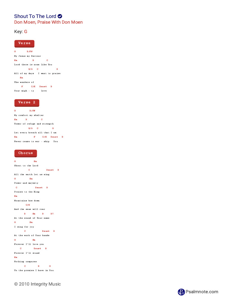 Shout To The Lord Chords & Lyrics - Don Moen - Psalmnote | PDF