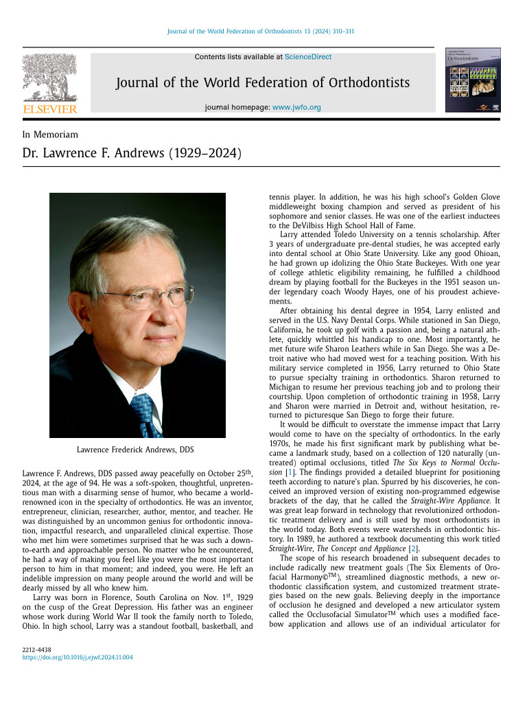 Dr. Lawrence F. Andrews (1929– 2024) - Ejwf | PDF | Orthodontics ...