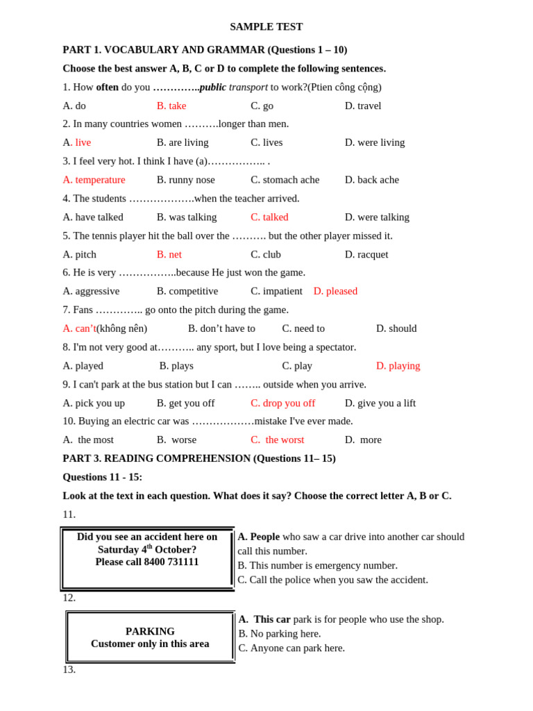 Vocabulary and Grammar Test Sample | PDF