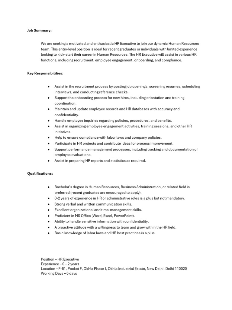 JD - HR Executive | PDF | Human Resources | Recruitment