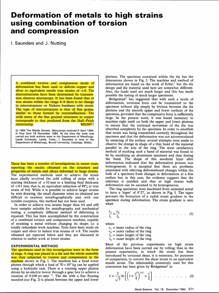 Deformation of Metals To High Strains Using Combination of Torsion and Compression | PDF ...