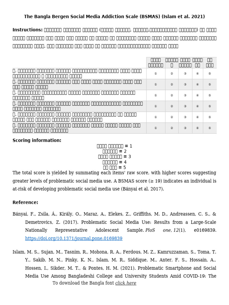 The Bangla Bergen Social Media Addiction Scale BSMAS | PDF
