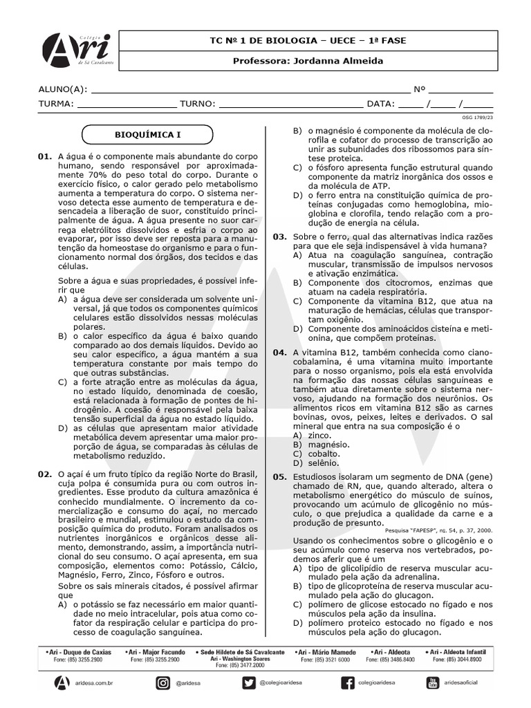 TC Jordanna #1 - Biologia - UECE - 1 Fase (28-2) | PDF | Lipídio | Proteínas