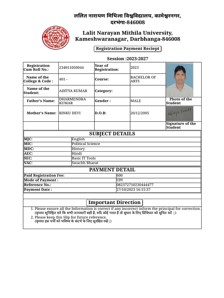 LNMU Registration Payment Receipt | PDF