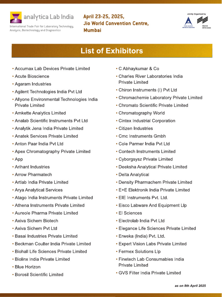 Analab India Exhibitor List - Mumbai - 8 April | PDF