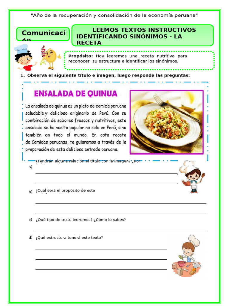 Ficha Lun Comun Leemos Textos Instructivos Identificando Sinonimos La Receta | PDF | ensalada ...