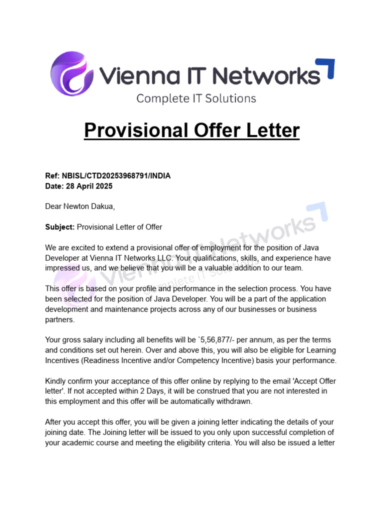 Newton Dakua Provisional Offer Letter | PDF | Taxes | Business