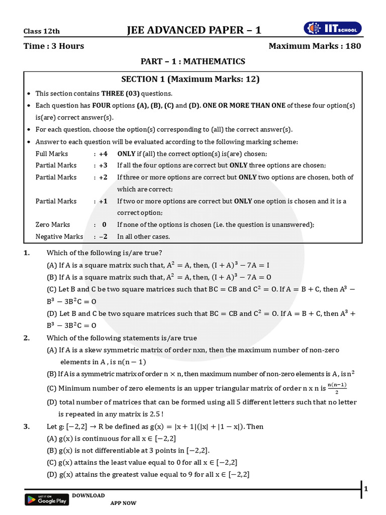 JEE Advanced Paper 1 Solutions | PDF | Matrix (Mathematics) | Pi