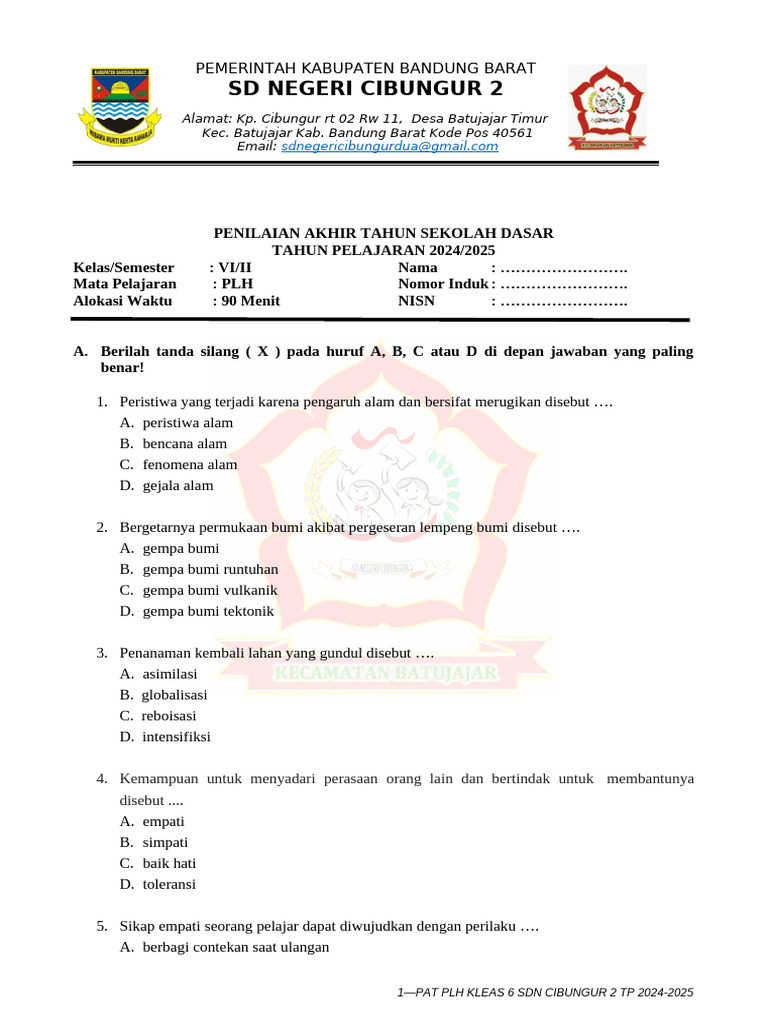 Master Soal PAT PLH Kelas 6 TP 2023 - 2024 | PDF