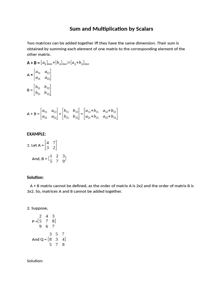 Sum and Multiplication by Scalars | PDF | Matrix (Mathematics ...