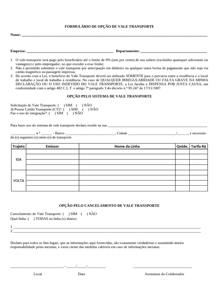 Formulário Vale Transporte | PDF