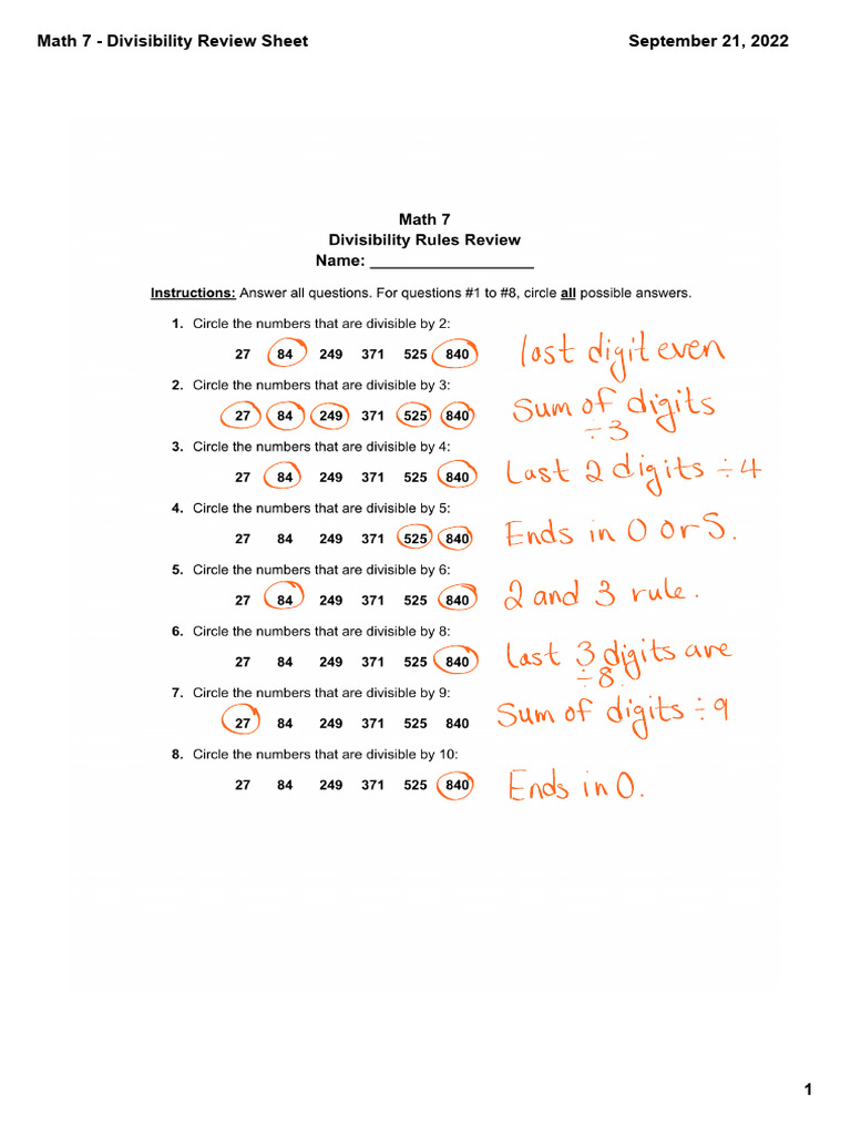 Math 7 - Divisibility Review Sheet Solutions | PDF