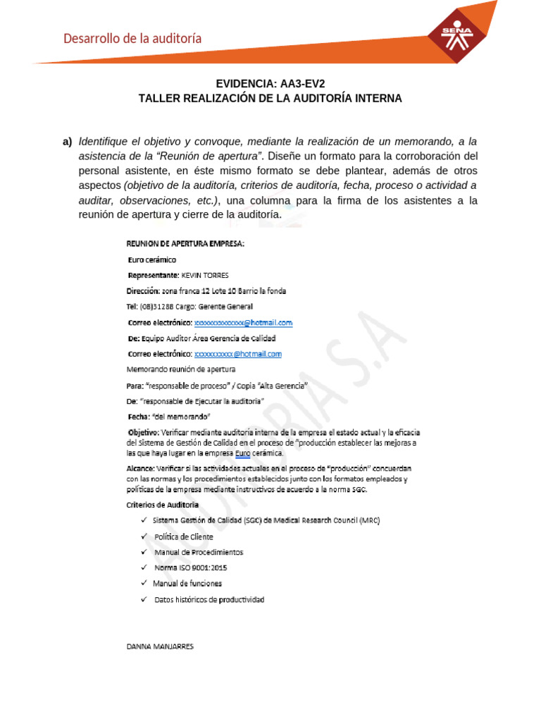 Actividad 3 - Evidencias AA3-Ev2 Taller Realización de La Auditoría Interna | PDF | Auditoría ...