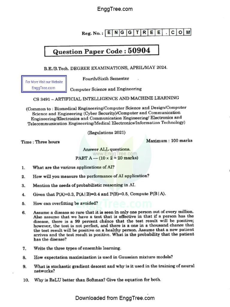 CS3491 Artificial Intelligence and Machine Learning Apr May 2024 Question Paper Download | PDF