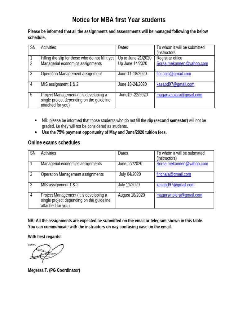 Notice For MBA First Year Students | PDF