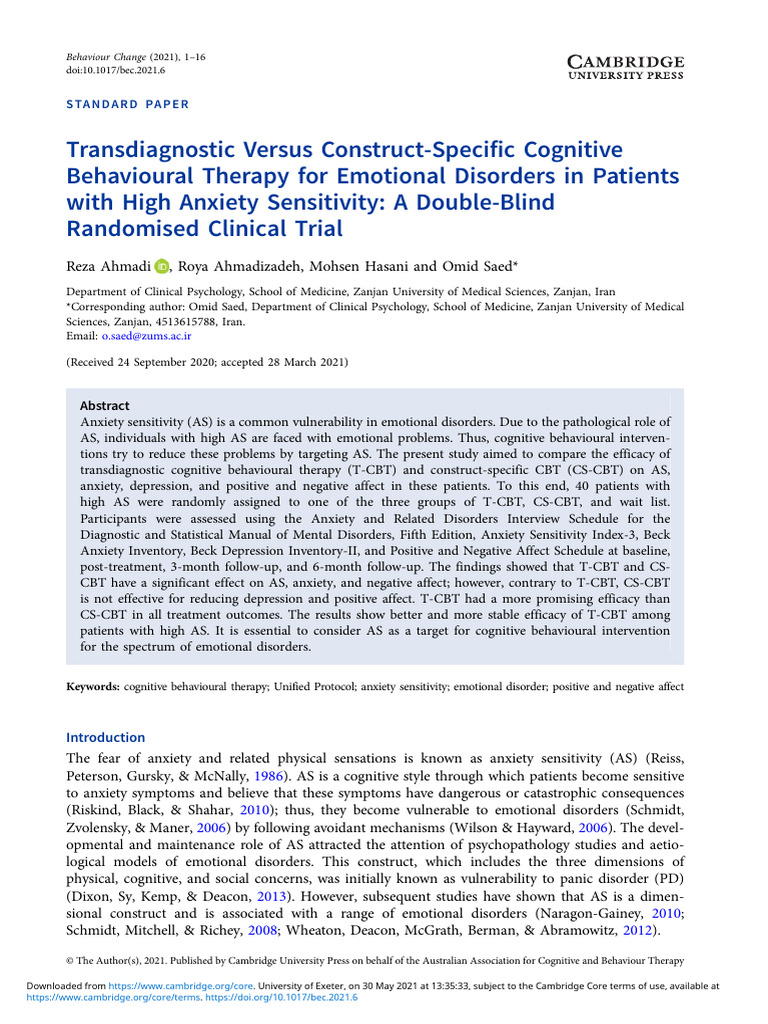 Transdiagnostic Versus Construct-Specific Cognitive | PDF | Cognitive Behavioral Therapy ...