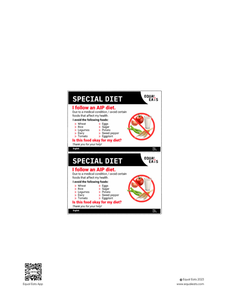 English AIP Diet Card (Equal Eats) | PDF