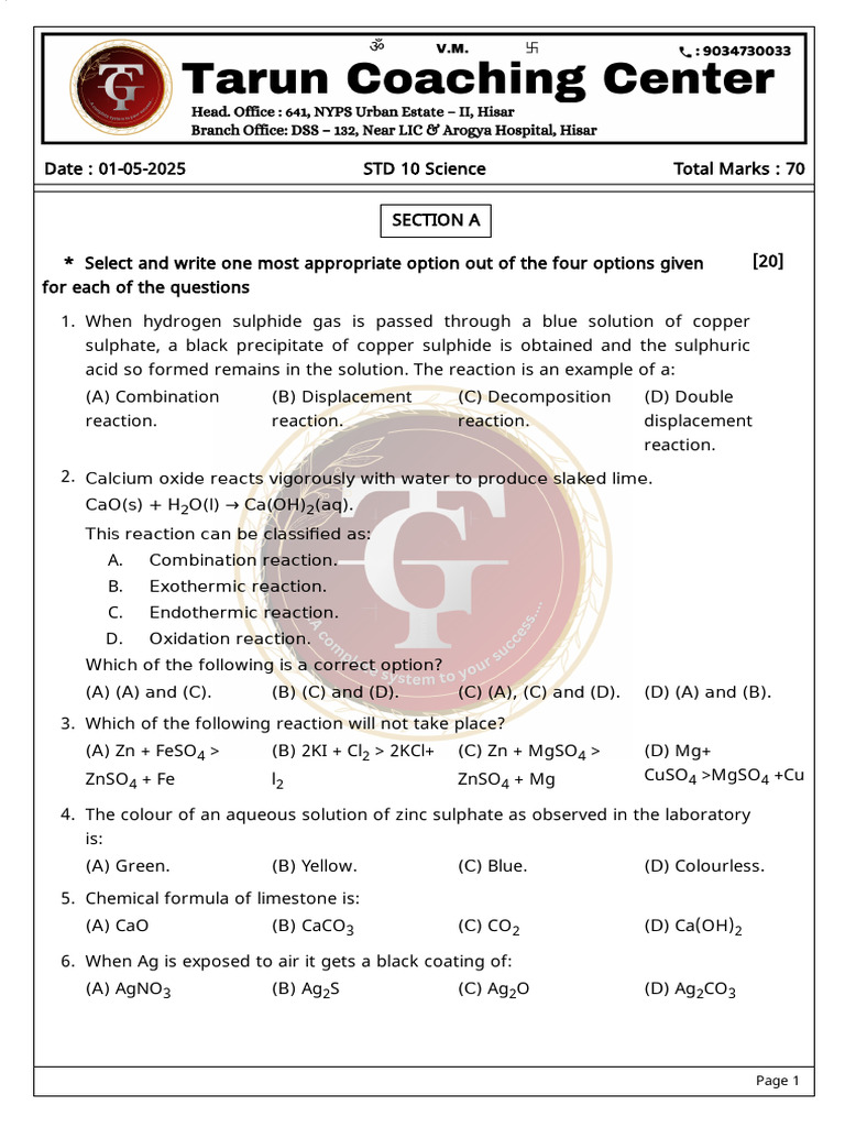 10th Class Ch-1 TEST-1 L-1 | PDF | Chemical Reactions | Precipitation ...