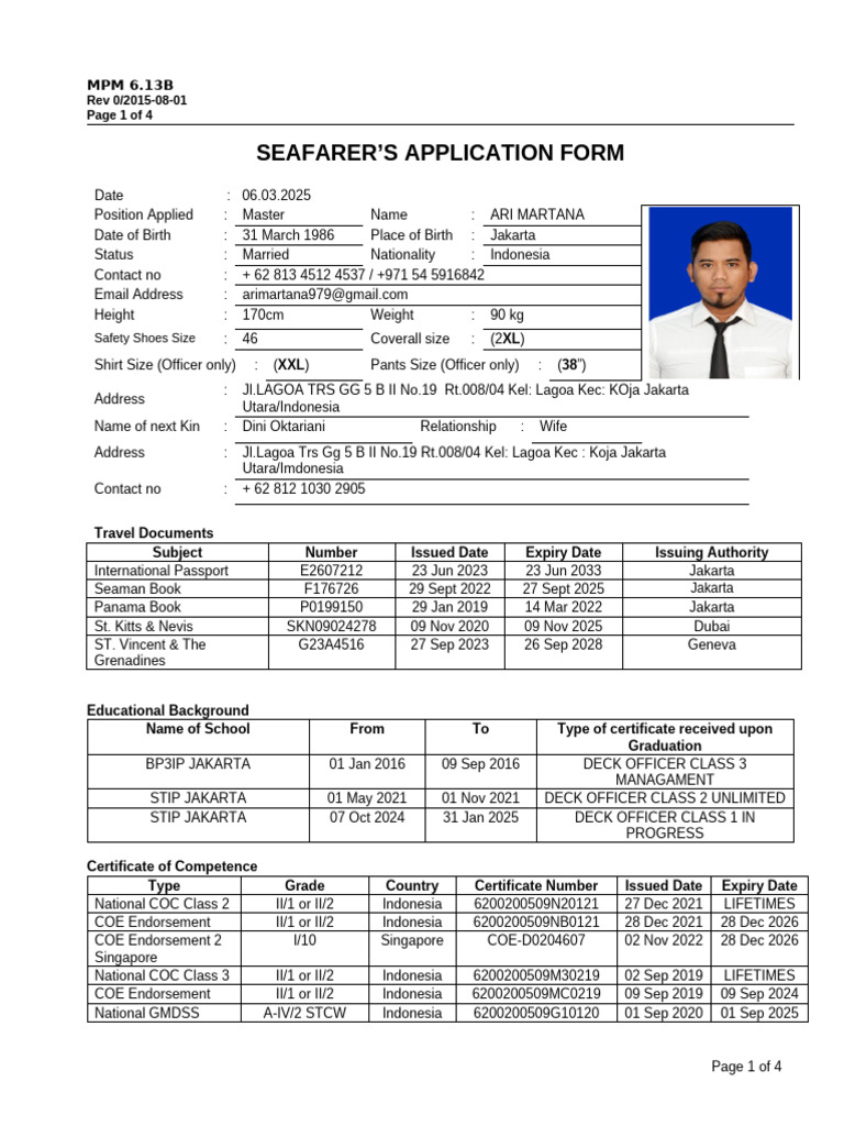 Seafarer's Application Form for Master | PDF | Tugboat | Shipping