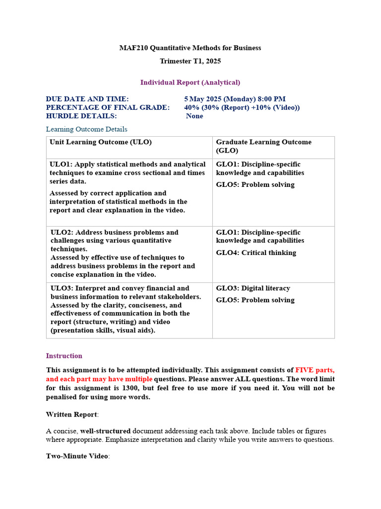 MAF210 T1 2025 Assignment 2 | PDF | Coefficient Of Determination | Regression Analysis