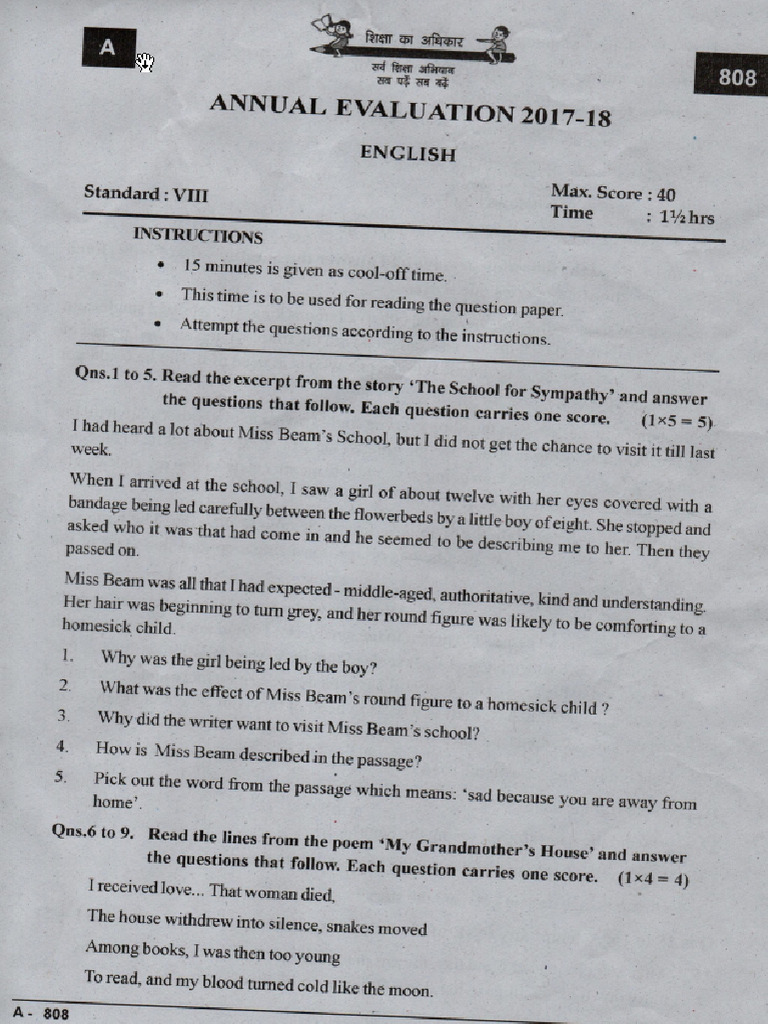 Kerala Class 8 Annual Exam Question Paper 2018 - ENGLISH | PDF