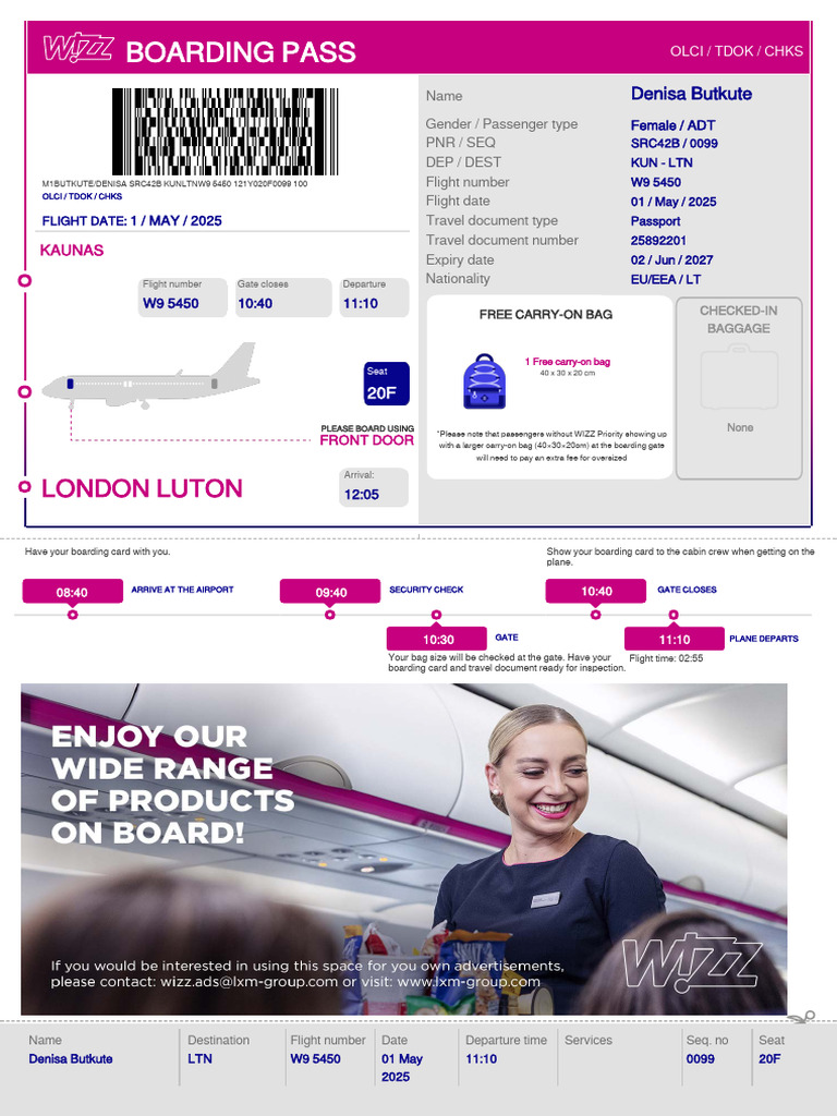 BoardingCard 401352199 KUN LTN | PDF | Transport | Aviation