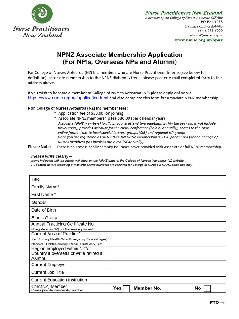 NPNZ Associate Member Application Form 2020 | PDF | Nurse Practitioner ...
