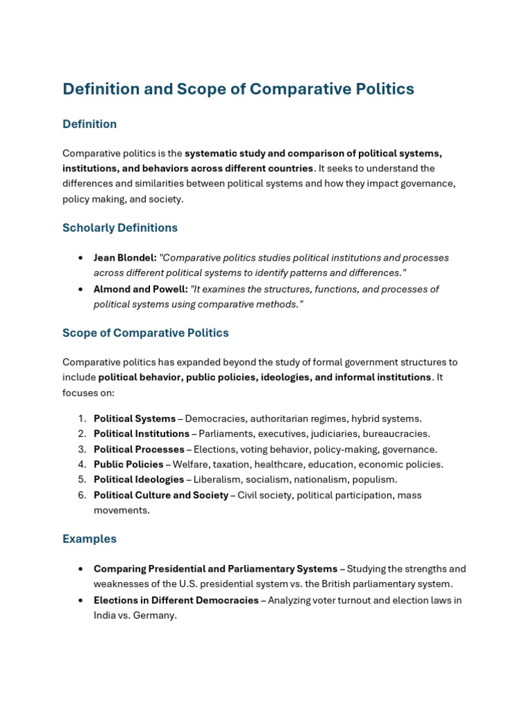 Scope and Definition of Comparative Politics | PDF | System | Institution