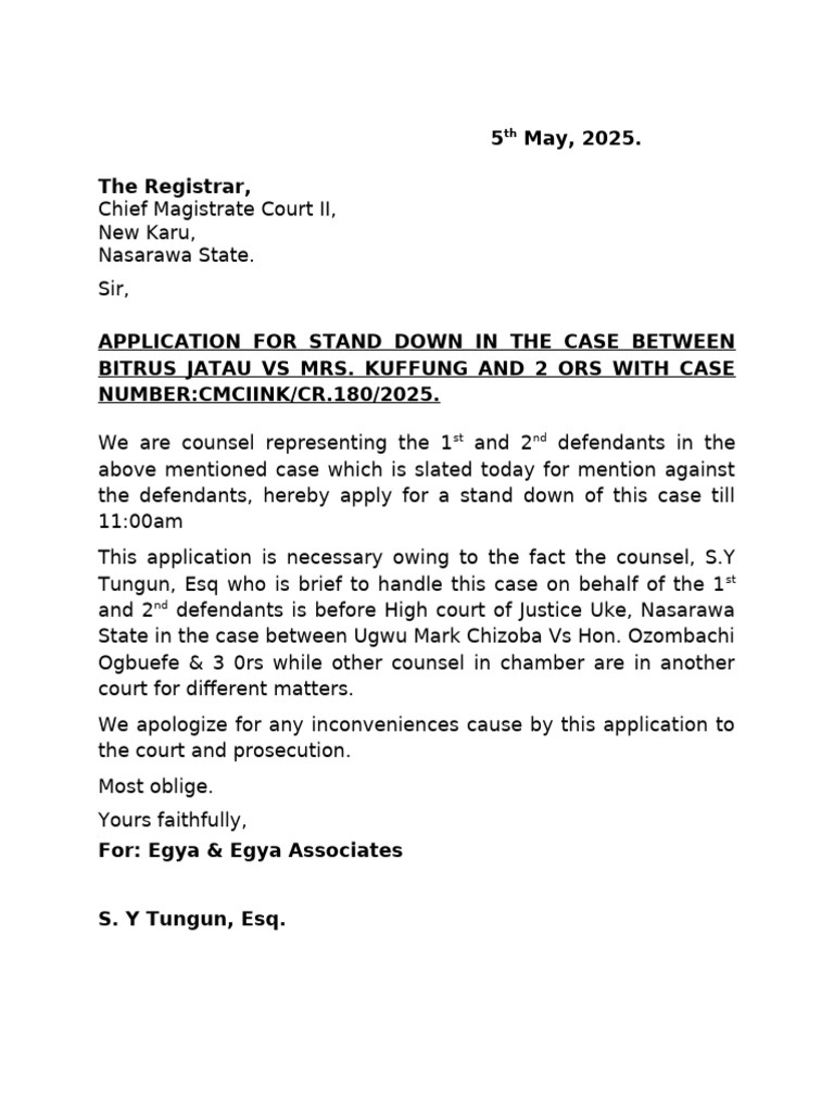 Application for Stand Down in Court | PDF